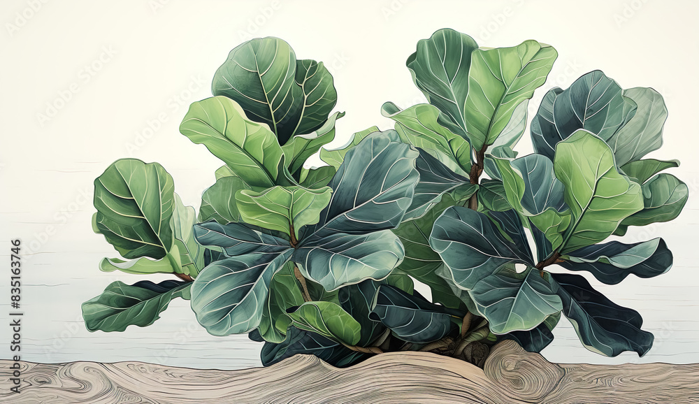 Abstract pencil color drawing art of Fiddle Fig plant leaves pattern ...