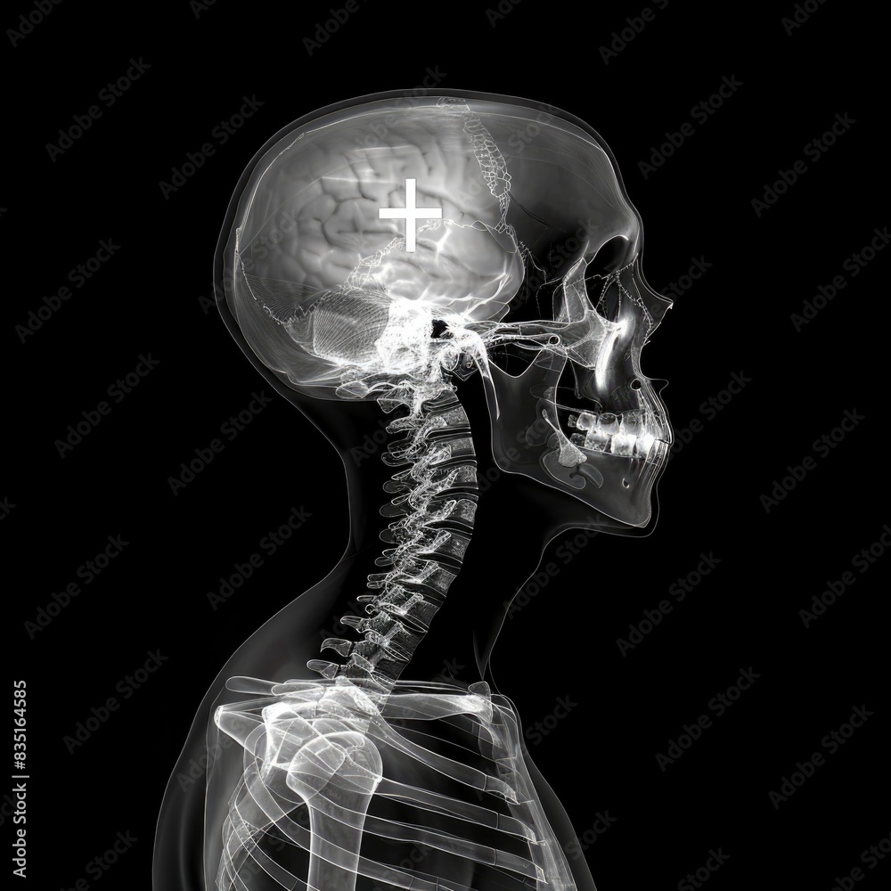 Spiritual Core. X-ray of a human skeleton in profile, with a minimalist ...