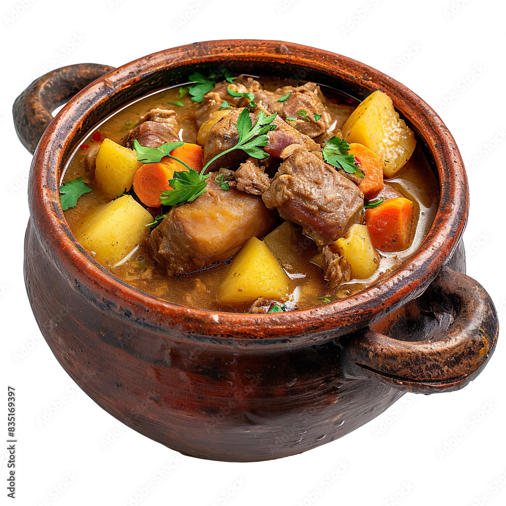 Front view of delectable Dominican Sancocho in a traditional caldero ...