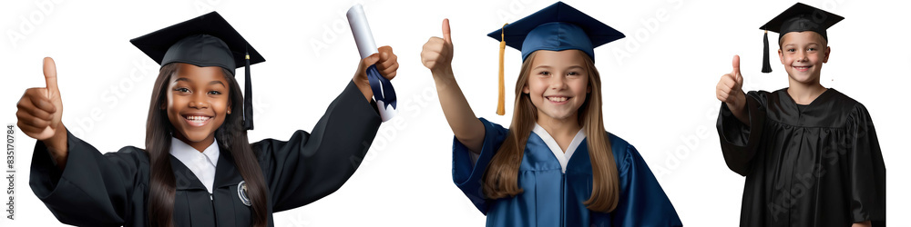 Elementary age boy and girl wearing graduation caps and gowns smile ...