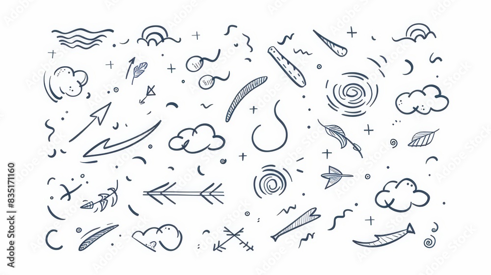 Doodle movement lines, arrows, puff clouds, cartoon modern effects ...