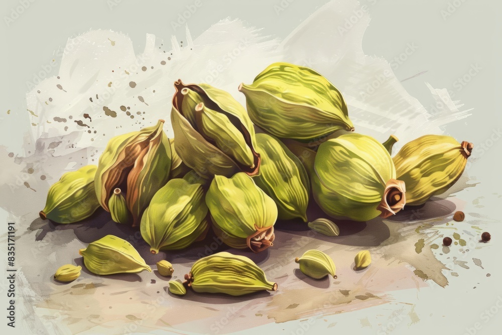Pile of green cardamom pods on a light background. Digital watercolor ...