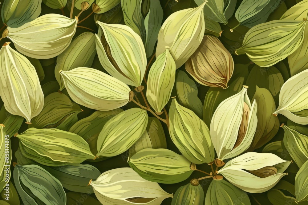 pattern of cardamom pods in various shades of green and beige ...