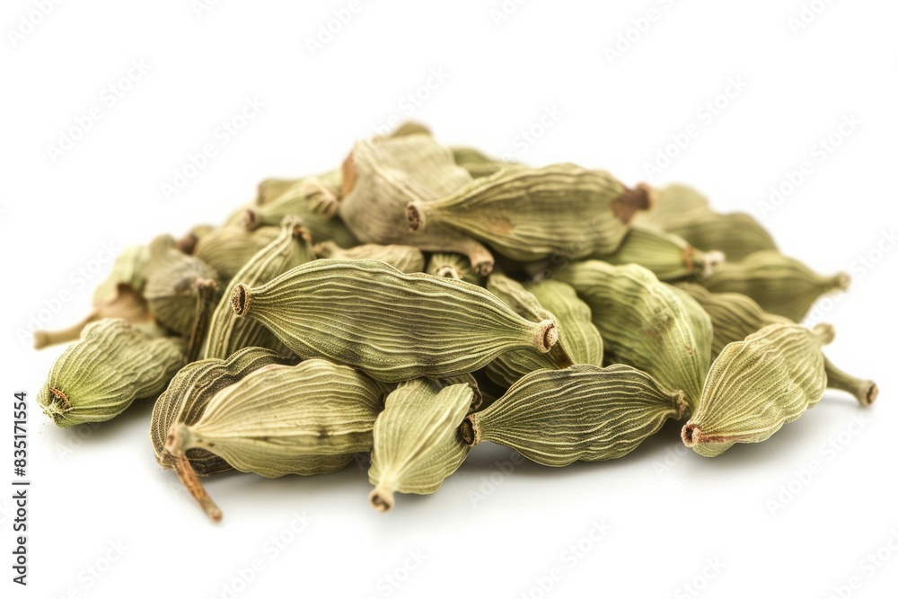Pile of green cardamom pods on a white background. High-resolution ...