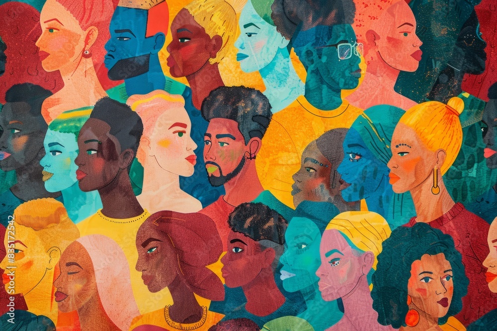 Colorful digital artwork depicting diverse profiles of men and women in ...