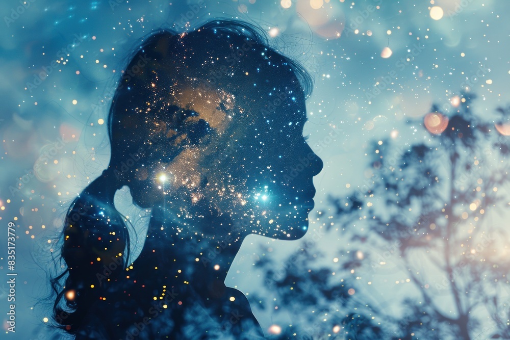 An enchanting double exposure photograph features a womans profile ...