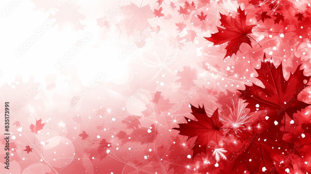 Bright red and white abstract background with maple leaf patterns ...