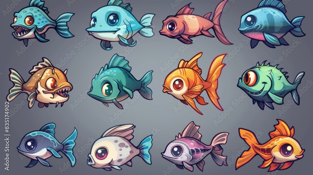 Set of fish, marine life, various poses and situations, drawing, modern ...