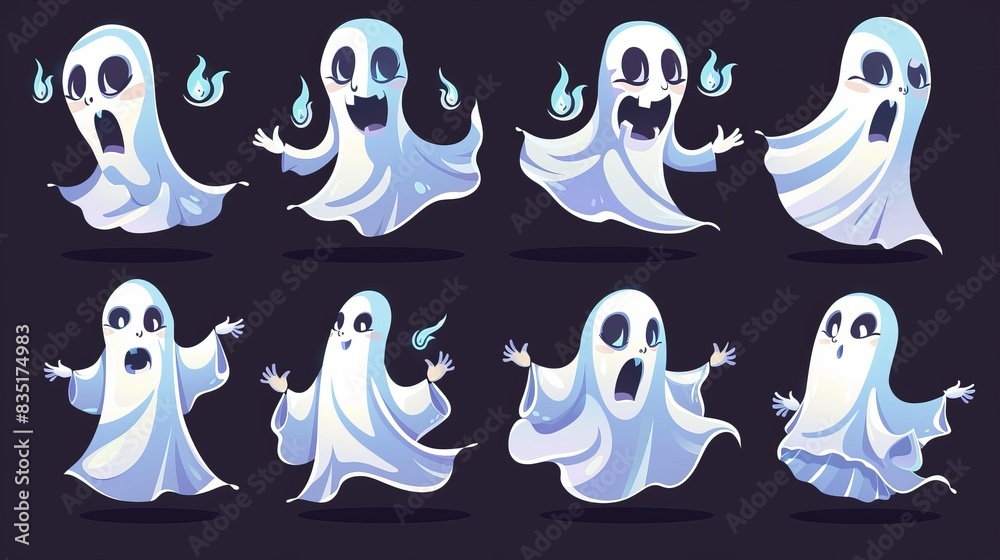 Set of ghost characters isolated on black background with a range of ...