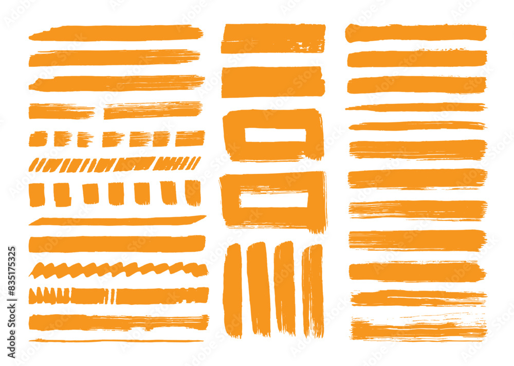 Orange paint brush strokes element set. Rough lines, and square shape ...