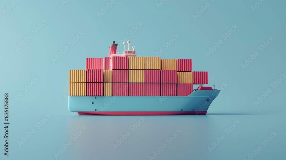 Container ship isolated on a blue background, loaded with colorful ...