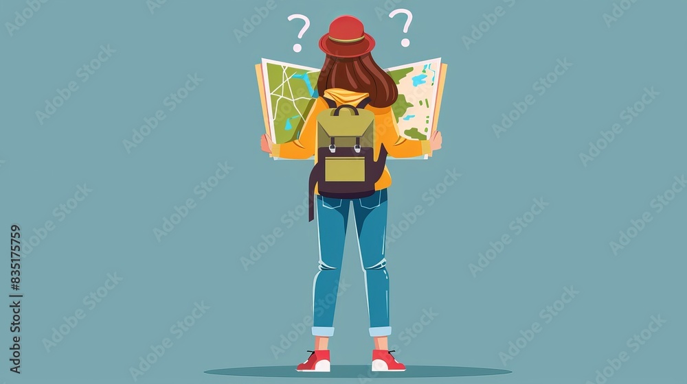 An attractive woman character is lost in travel and reading a map with ...