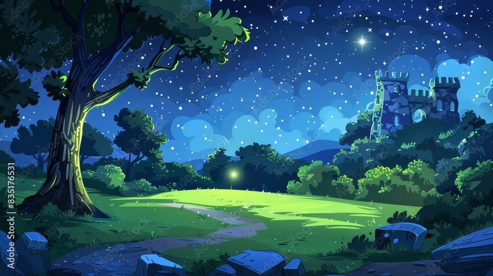 Cartoon illustration background with beautiful night starry sky scenery ...