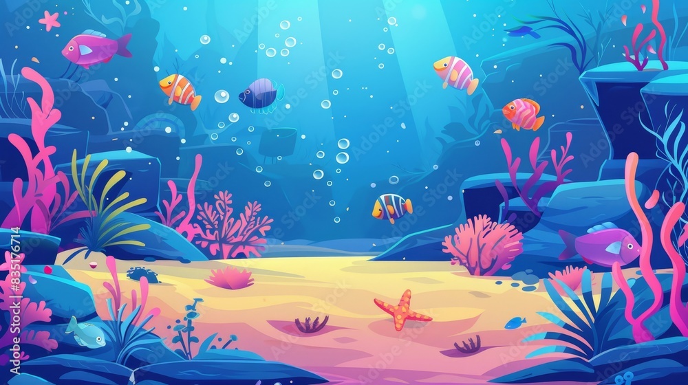 Sea life cartoon modern background with fish, coral, sand, seaweed, and ...