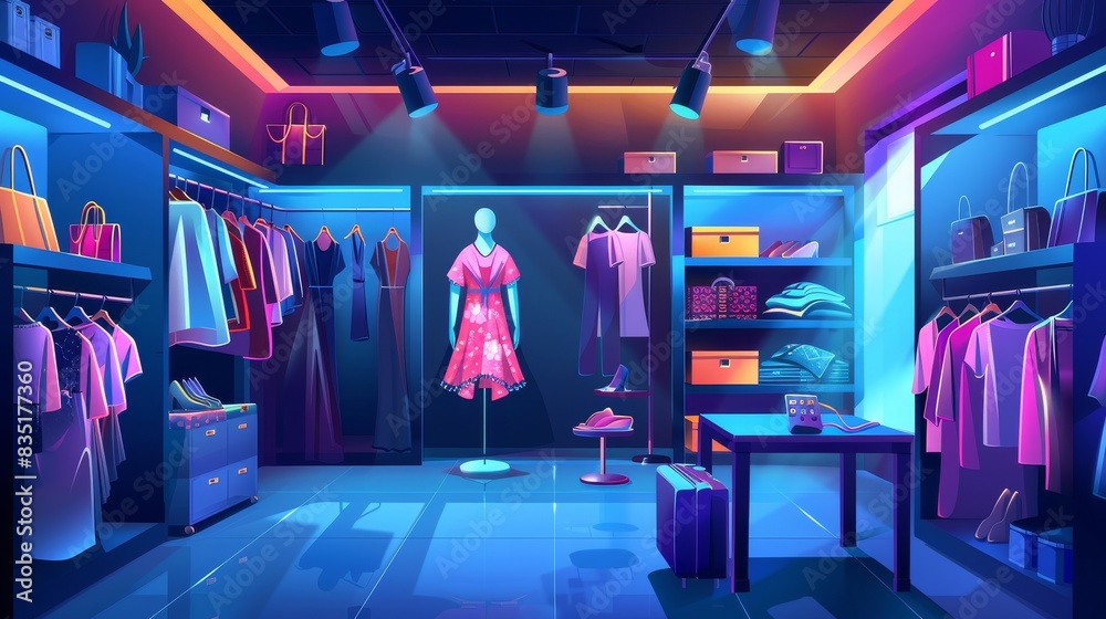 Interior of a clothing store with woman's clothes, cartoon mannequins ...