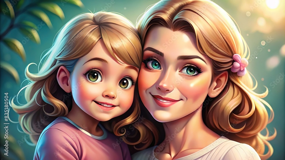 Cute mother and daughter rendered cartoon , family, love, bond ...