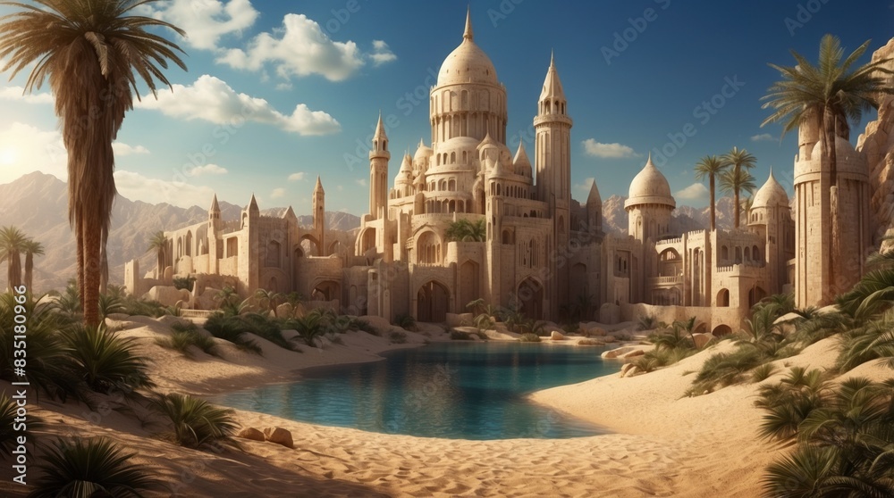 Beautiful fantasy game art, medieval castle between oasis and desert ...