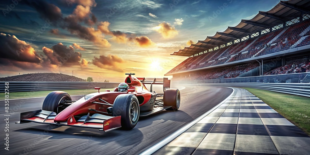 Dynamic photo of a racing car speeding towards the finish line on a ...