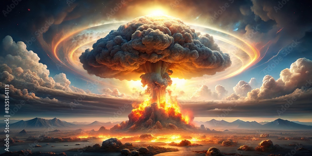 ภาพประกอบสต็อก Epic anime style nuclear explosion background with smoke ...
