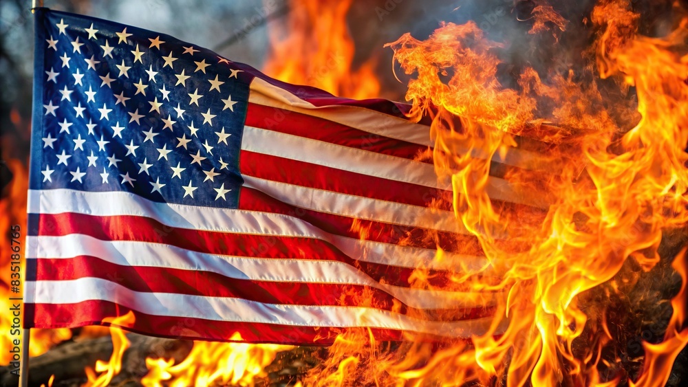 American flag burning in a fire, patriotism, protest, destruction ...