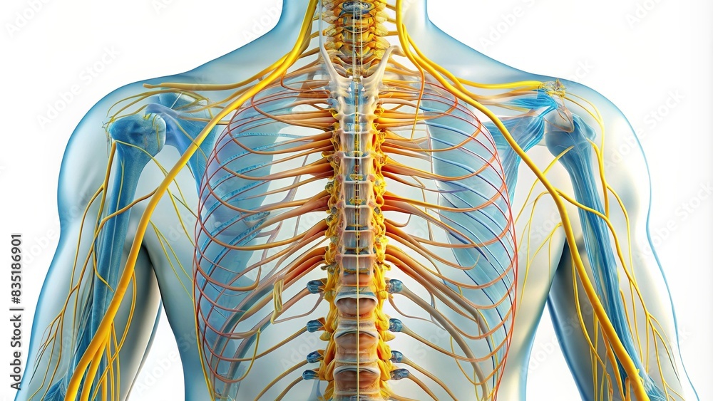 ภาพประกอบสต็อก Close-up of spinal nerves with connections to body ...