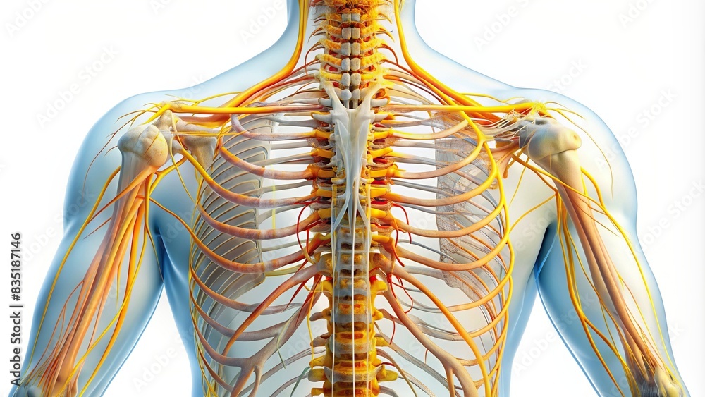 Close-up of spinal nerves with connections to body, isolated on white ...