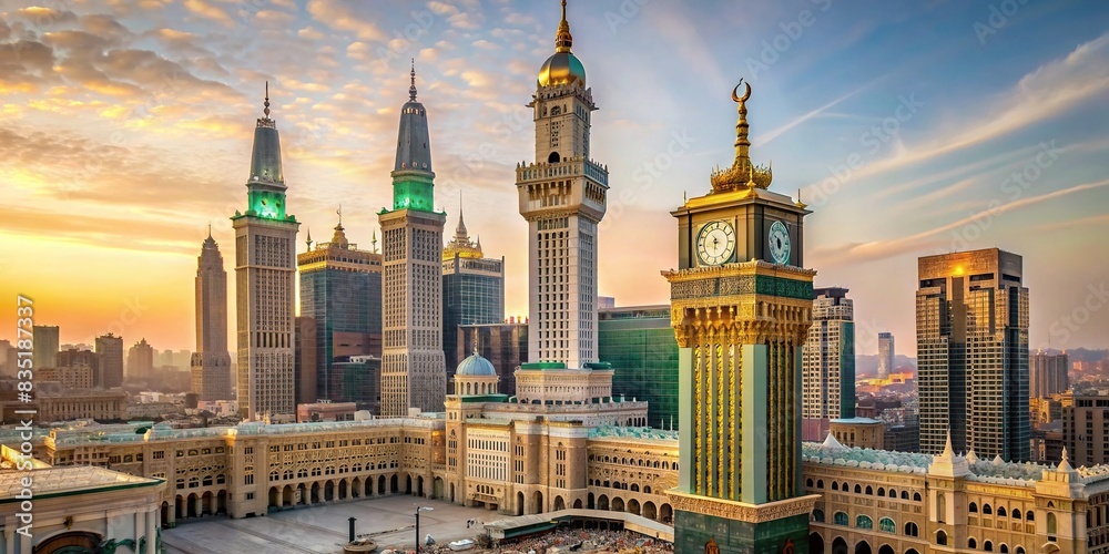 Iconic Zam Zam Tower next to Abraj Al Bait clock tower, overlooking ...