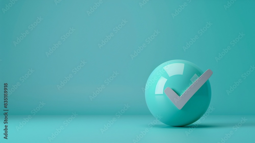 Minimalistic teal background with a 3D check mark symbol on a round ...
