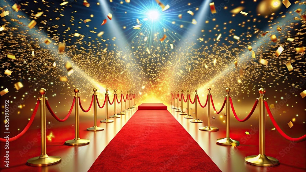Red carpet with falling golden confetti at an award ceremony background ...