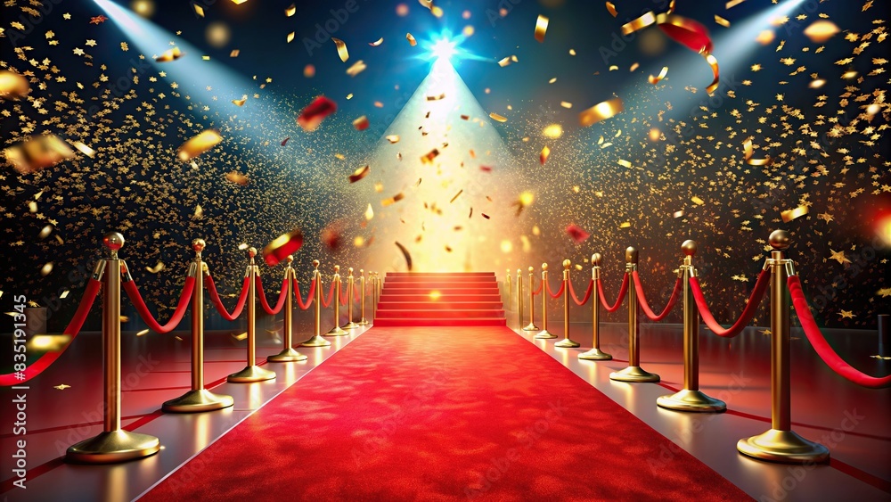 Red carpet with falling golden confetti at an award ceremony background ...
