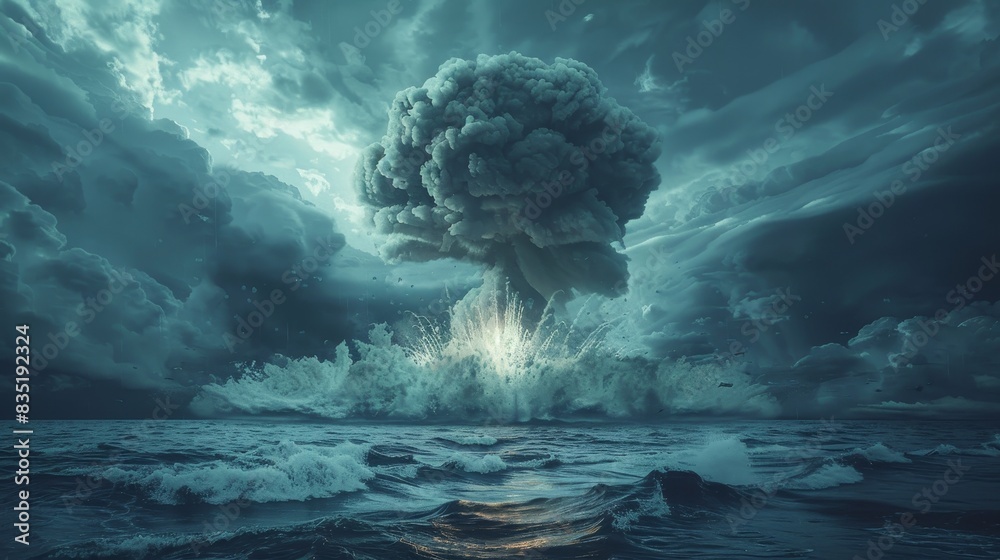 Nuclear explosion with powerful shock wave, towering mushroom cloud ...