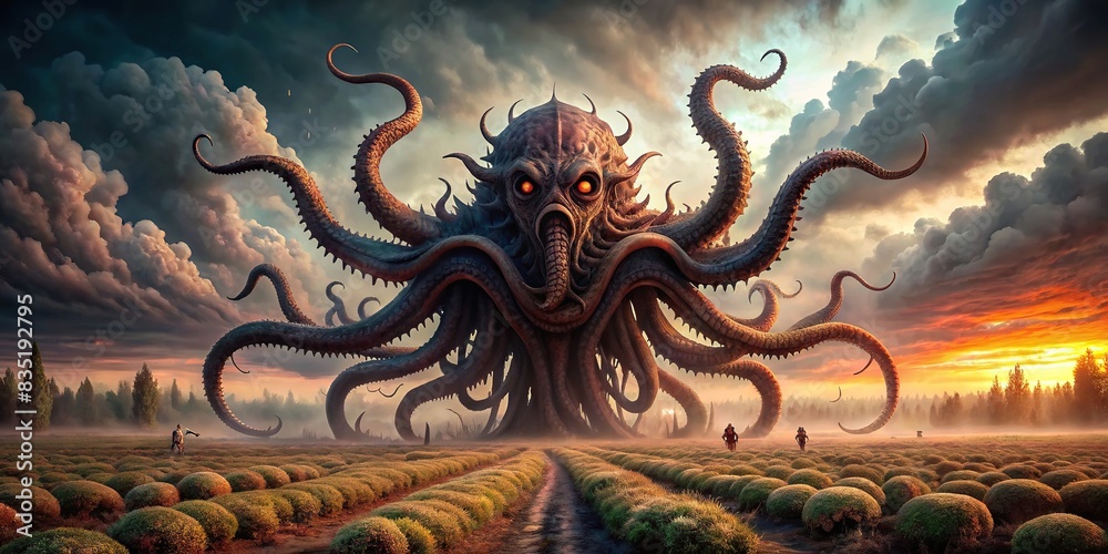 ภาพประกอบสต็อก Giant tentacle monster emerging from hellscape field ...