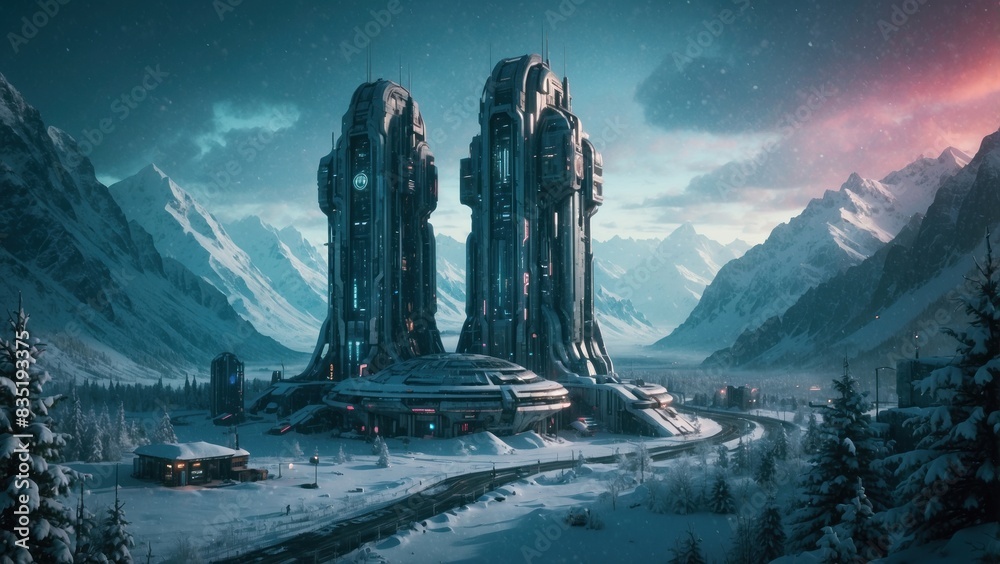 Game art showing cyber technical layout of buildings constituting a ...