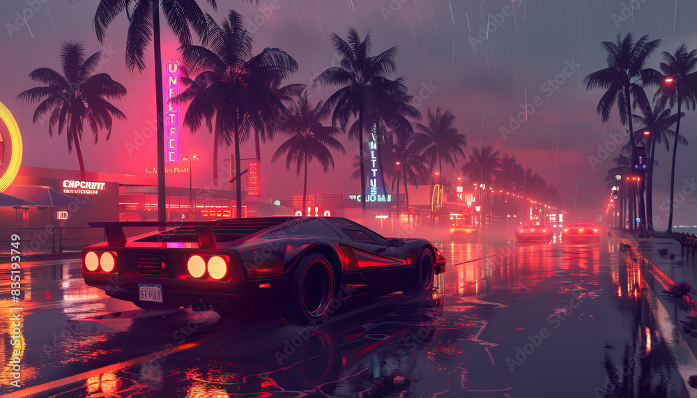 90s car on neon sunset strip driving towards horizon. 3D 80s retro wave ...