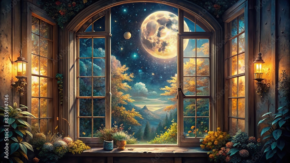 Watercolor digital painting of a window moon storybook with high ...