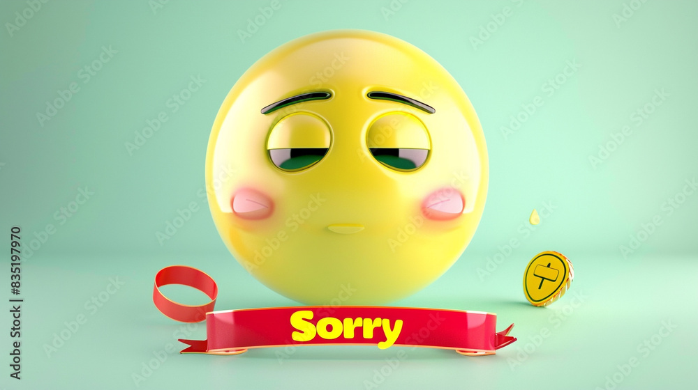 Illustrate a 3D luxury yellow emoji with a contrite expression. Beneath ...