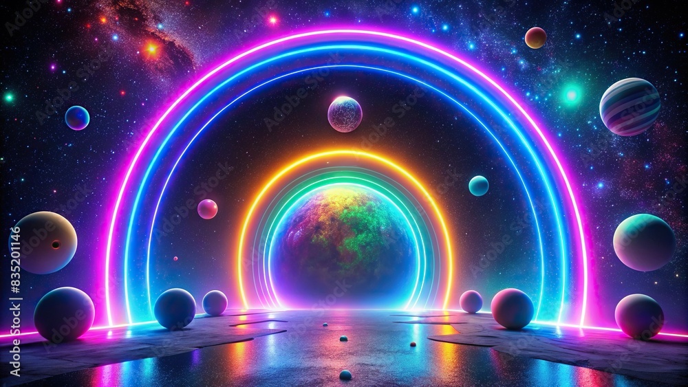 Neon rainbow portal to outer space with moons stars planets and dark background, neon, rainbow ...