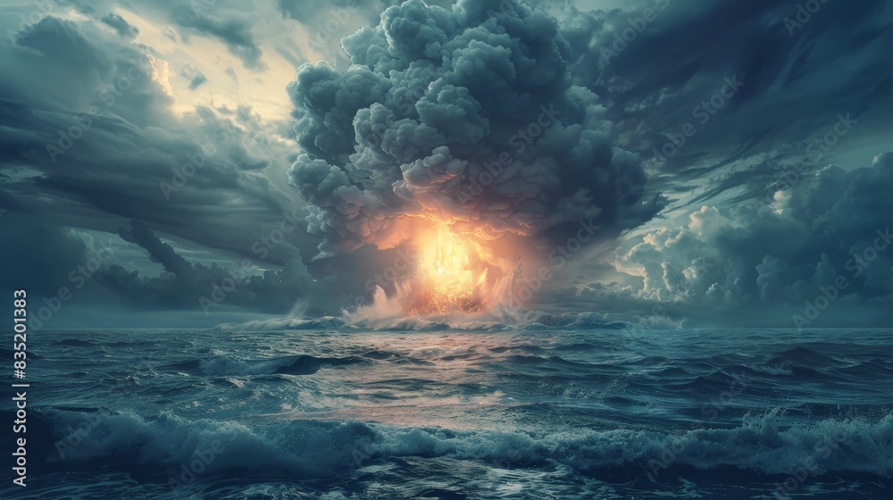 Massive nuclear explosion over the ocean, shock wave spreading through ...