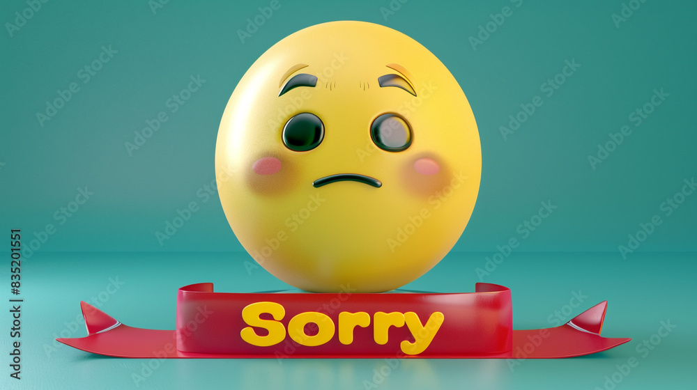 Produce a 3D yellow emoji with an apologetic expression. Below, a red ...