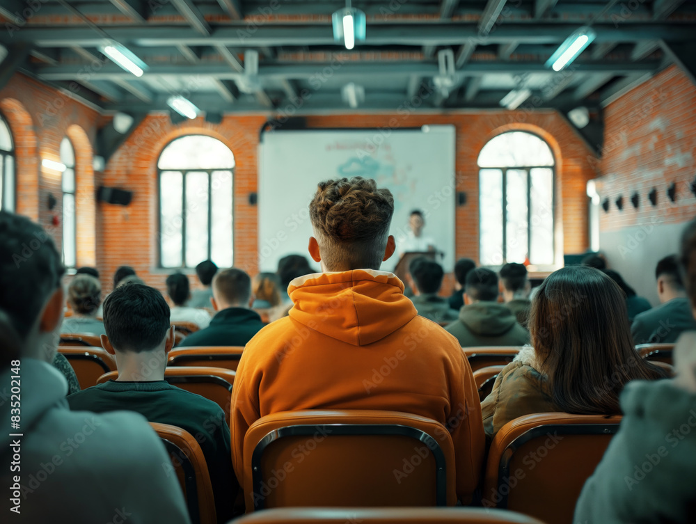 Students in a classroom listening to a lecture focused on one person in ...