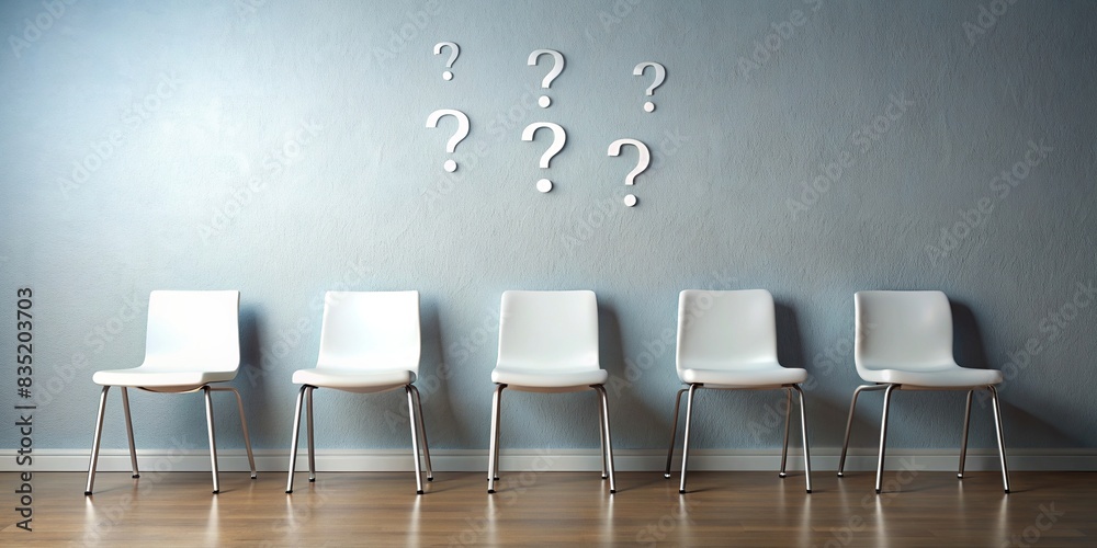 Empty chair facing multiple floating question marks in a blank space ...