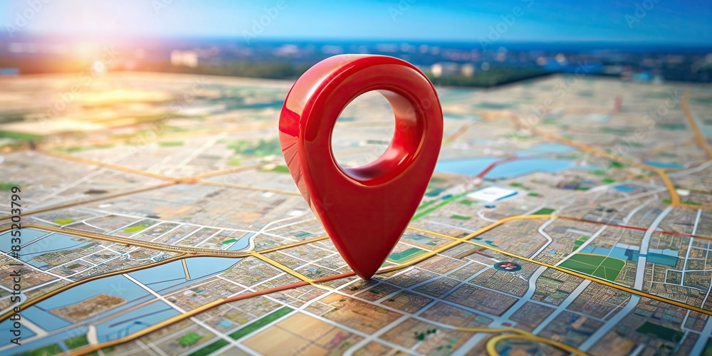 Red location marker on map over city background, city, map, navigation ...