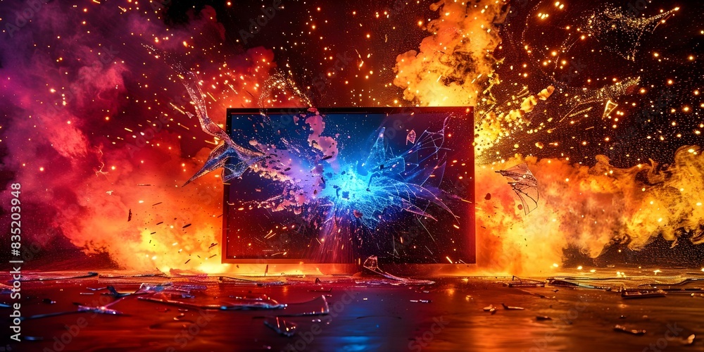Front view of a malfunctioning computer with a shattered screen on a ...