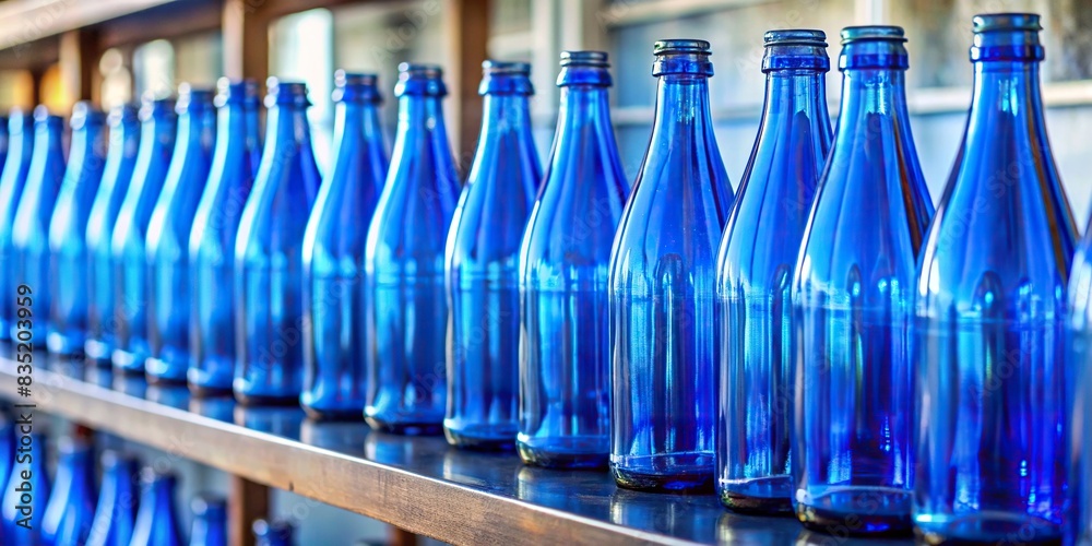 Row of empty blue glass bottles on a shelf , blue, glass, bottles ...