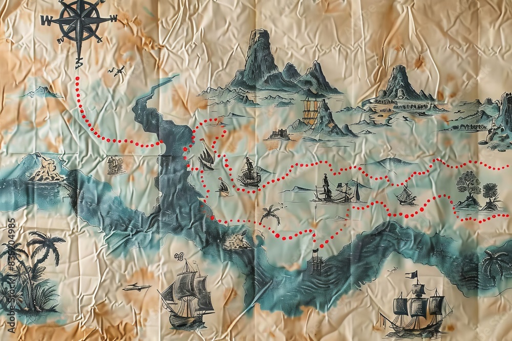 A map of a pirate ship's journey with a compass on the top left corner ...