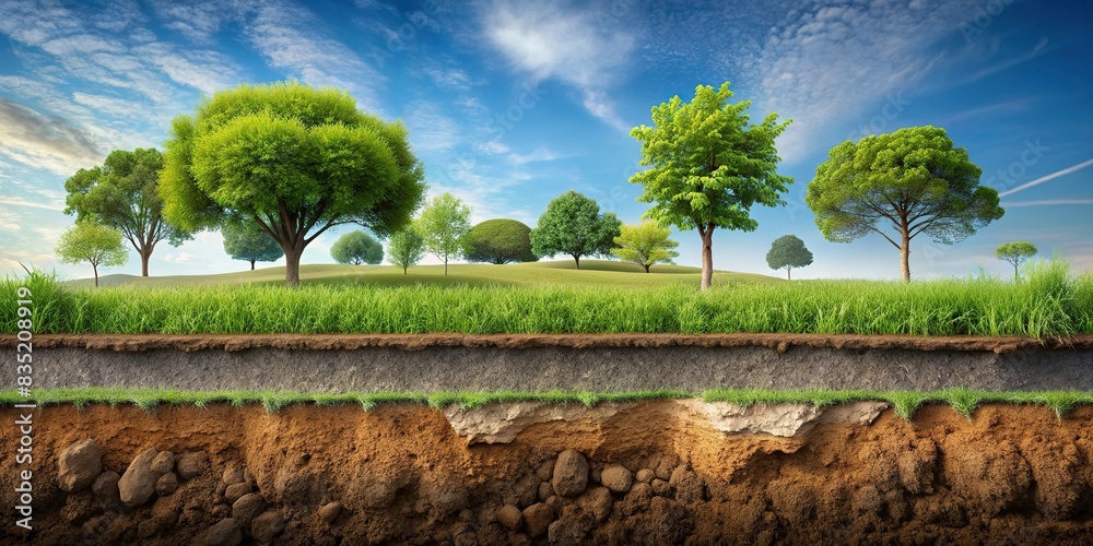 Underground soil layers with grass and trees on top, showcasing diverse ...