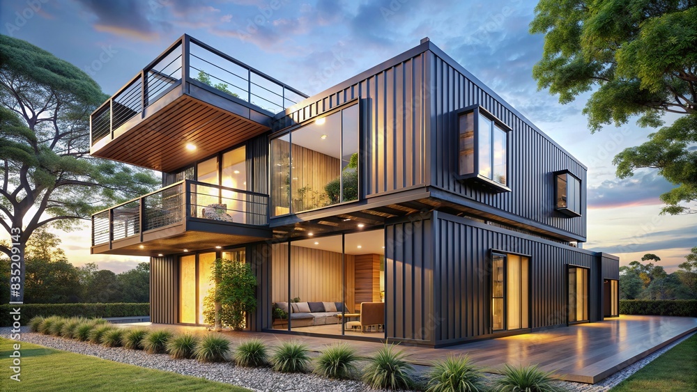 ภาพประกอบสต็อก Modern house made from shipping containers with an ...
