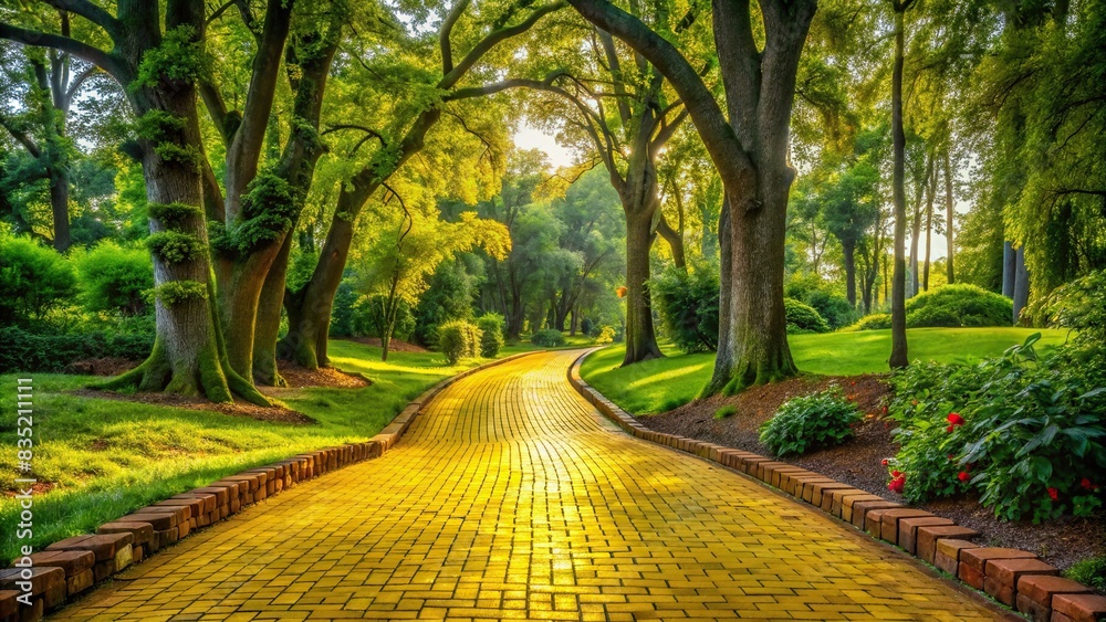 Vintage yellow brick road surrounded by greenery and trees in a ...