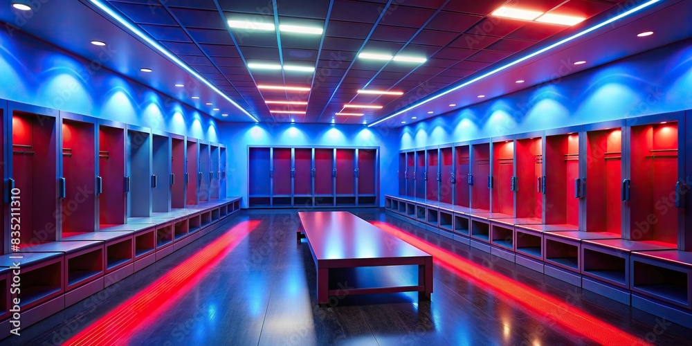 Empty football players locker room with blue and red lighting, lockers ...