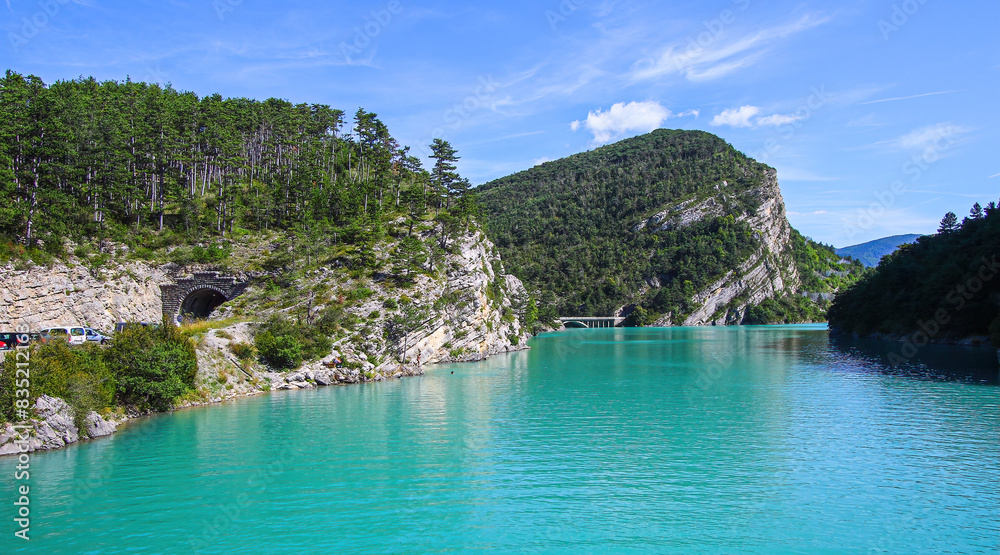 Lake of Castillon in the southern Alps in France - This reservoir with ...